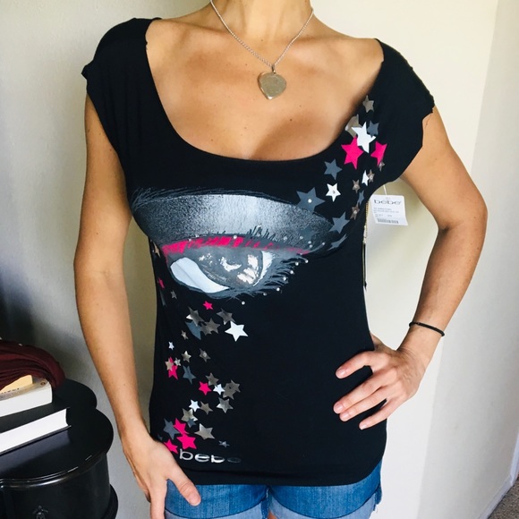 bebe | Tops | Bebe Rhinestone Sparkle Eye Stars Logo Tee M | Poshmark